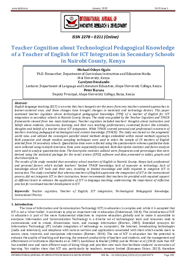 (PDF) Teacher Cognition about Technological Pedagogical Knowledge of a Teacher of English for ...