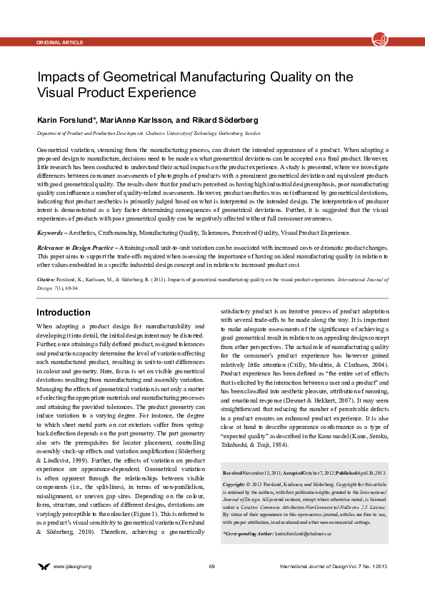 (PDF) Impacts of geometrical manufacturing quality on the visual ...