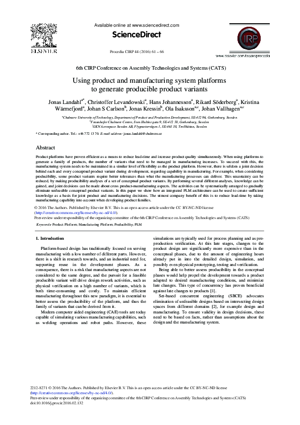 (PDF) Using Product and Manufacturing System Platforms to Generate ... (PDF) Using Product and Manufacturing System Platforms to Generate ...