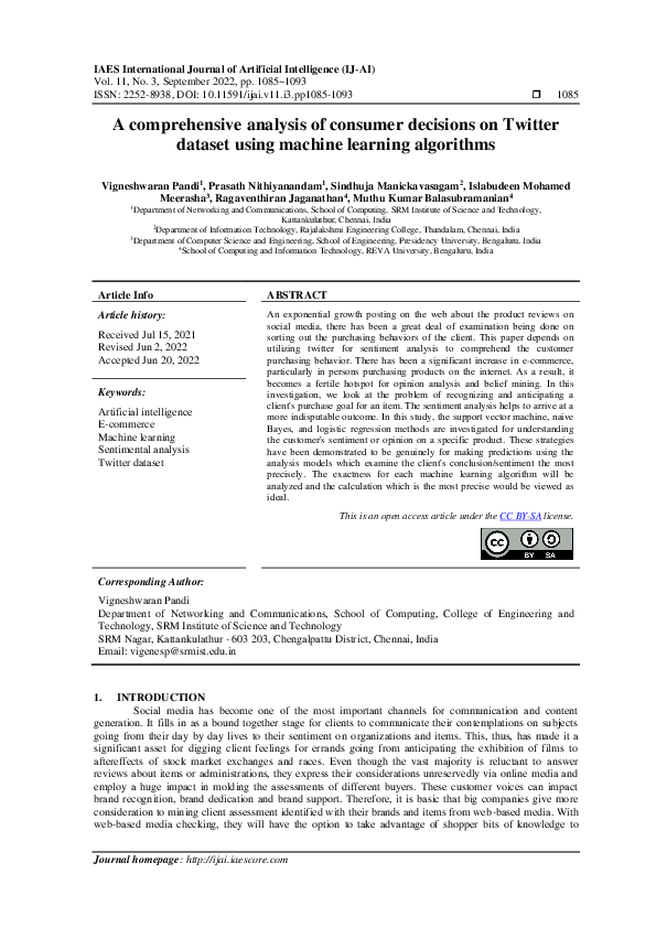 (PDF) A comprehensive analysis of consumer decisions on Twitter dataset using machine learning ...