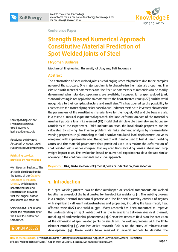 Pdf Strength Based Numerical Approach Constitutive Material Prediction Of Spot Welded Joints