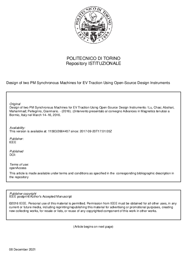 Pdf Design Of Two Pm Synchronous Machines For Ev Traction Using Open Source Design Instruments