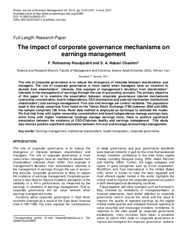 (PDF) The impact of corporate governance mechanisms on earning management: Literature review and ...