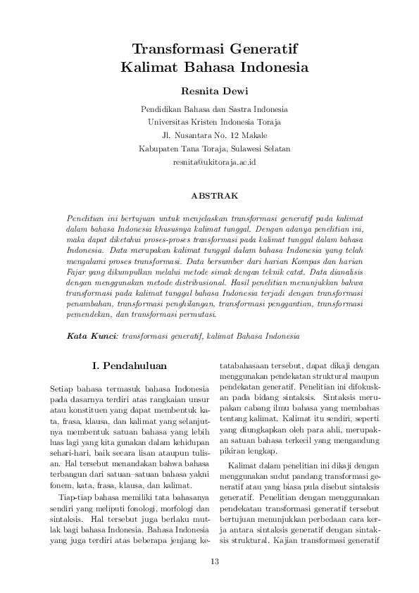 (PDF) Transformasi Generatif Kalimat Bahasa Indonesia