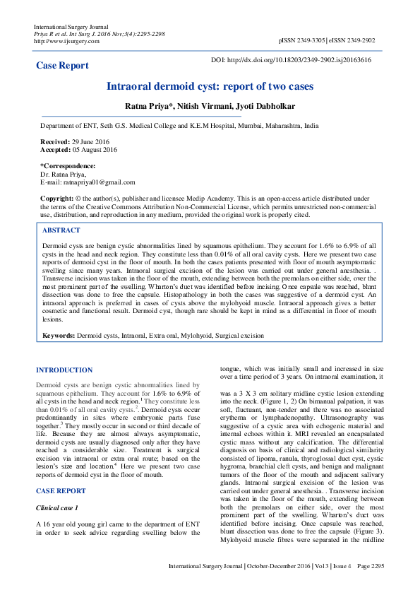 Intraoral Dermoid Cyst Report Of Two Cases