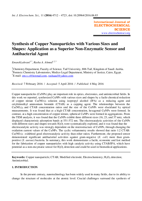 (PDF) Synthesis of Copper Nanoparticles with Various Sizes and Shapes: Application as a Superior ...