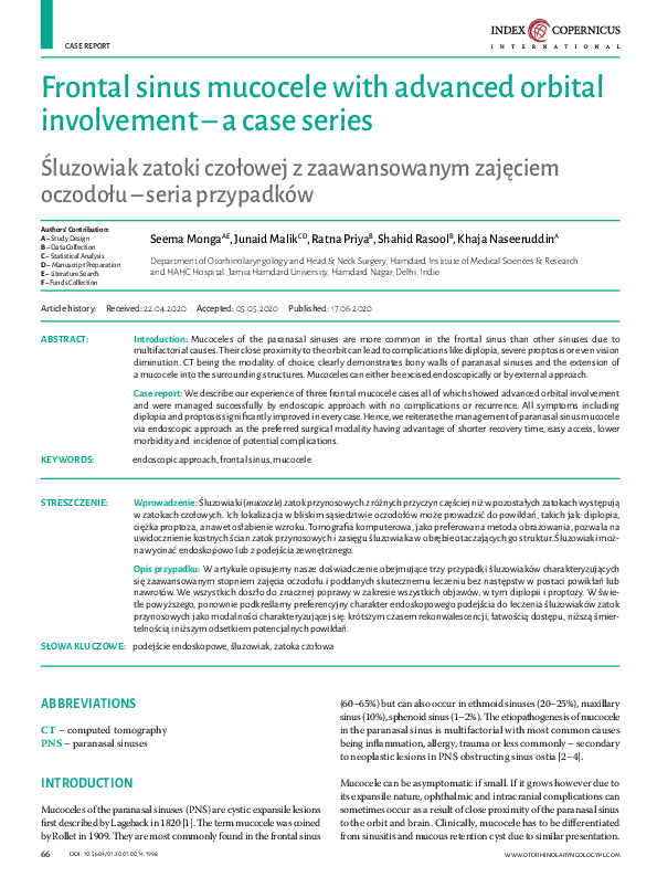 (PDF) Frontal sinus mucocele with advanced orbital involvement – a case ...