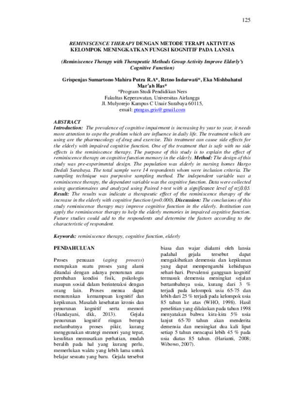 (PDF) Reminiscence Therapy Dengan Metode Terapi Aktivitas Kelompok Meningkatkan Fungsi Kognitif ...