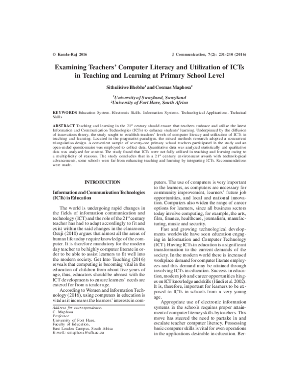 (PDF) Examining Teachers’ Computer Literacy and Utilization of ICTs in ...