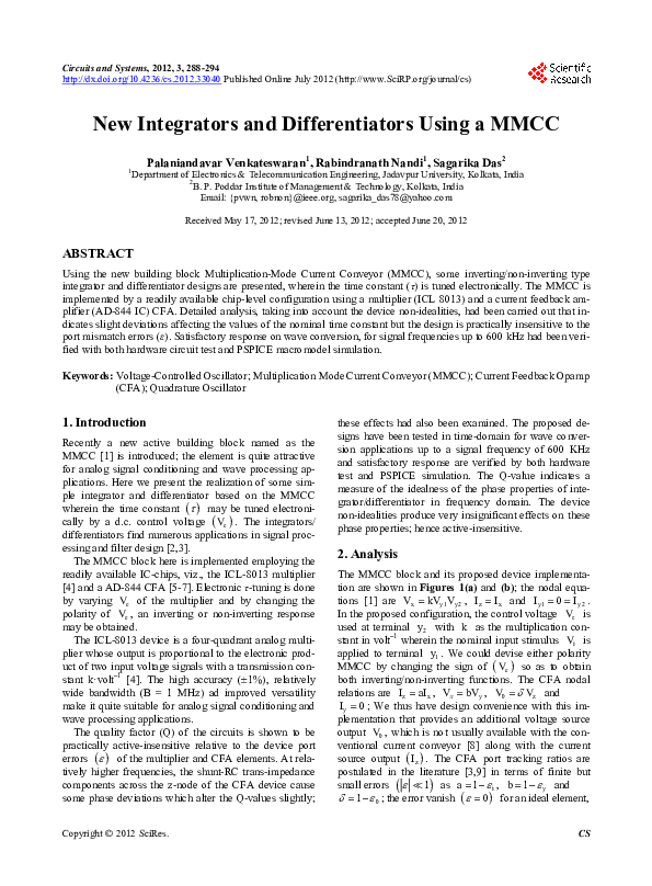 (PDF) New Integrators and Differentiators Using a MMCC