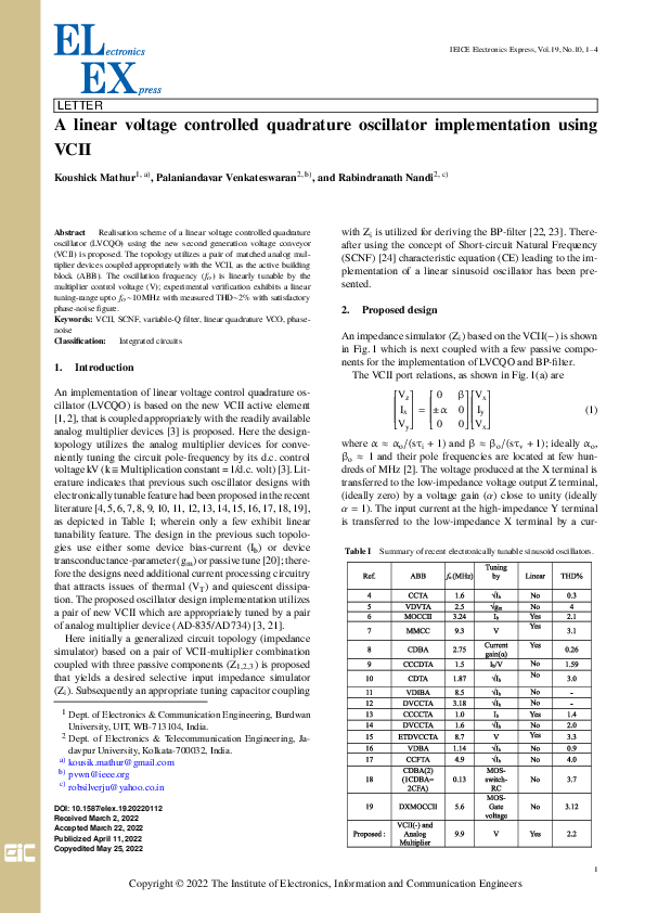 (PDF) Linear VCII-Based Quadrature Oscillator Design