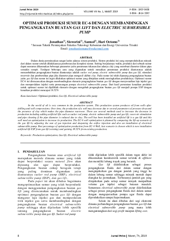 (PDF) Optimasi Produksi Sumur EC-6 Dengan Membandingkan Pengangkatan ...