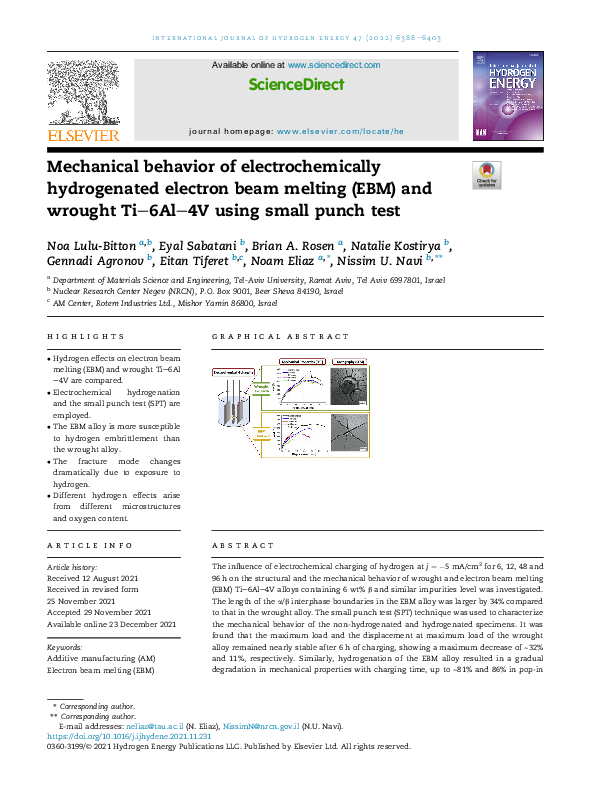 (PDF) Mechanical behavior of electrochemically hydrogenated electron beam melting (EBM) and ...