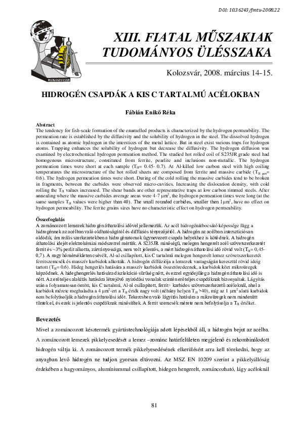 (PDF) Hidrogén csapdák a kis c tartalmú acélokban | Enikő Réka Fábián ...