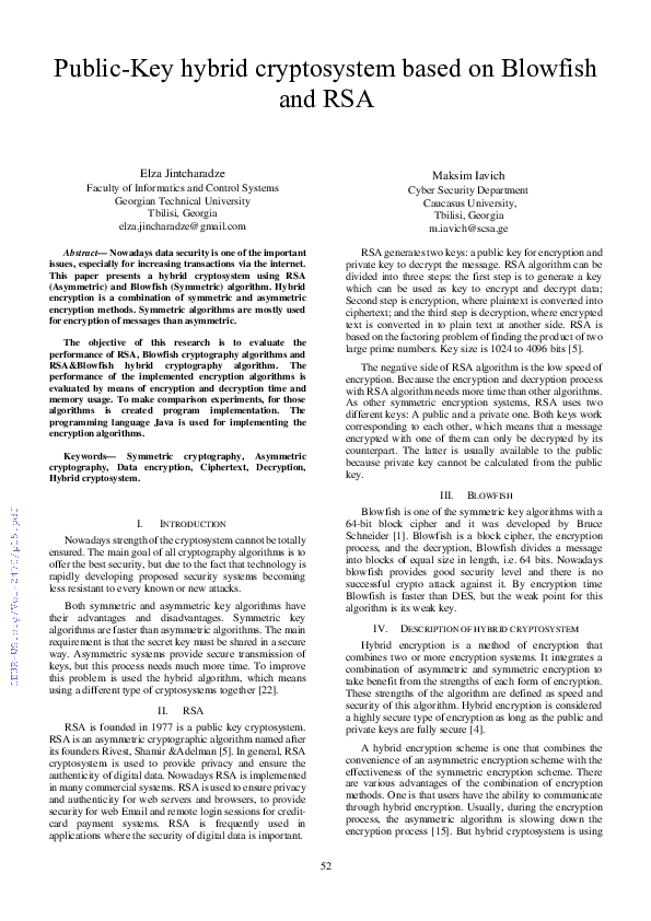 (PDF) Public-Key hybrid cryptosystem based on Blowfish and RSA