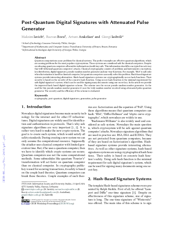 (PDF) Post-Quantum Digital Signatures with Attenuated Pulse Generator | Maksim iavich - Academia.edu