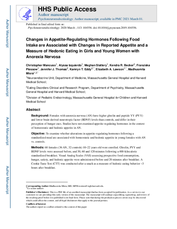 (PDF) Changes in Appetite-Regulating Hormones Following Food Intake are ...