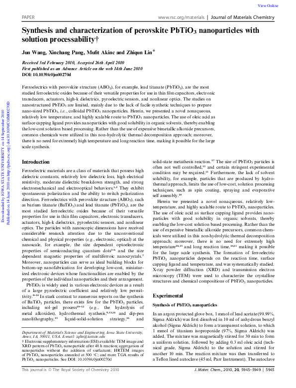 (PDF) Synthesis and characterization of perovskite PbTiO3 nanoparticles ...