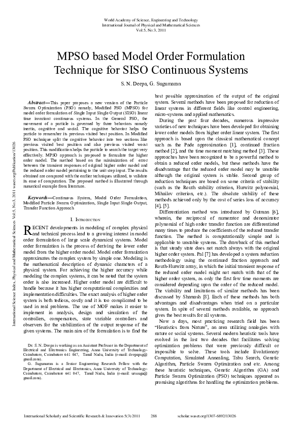 Pdf Mpso Based Model Order Formulation Technique For Siso Continuous Systems G Sugumaran