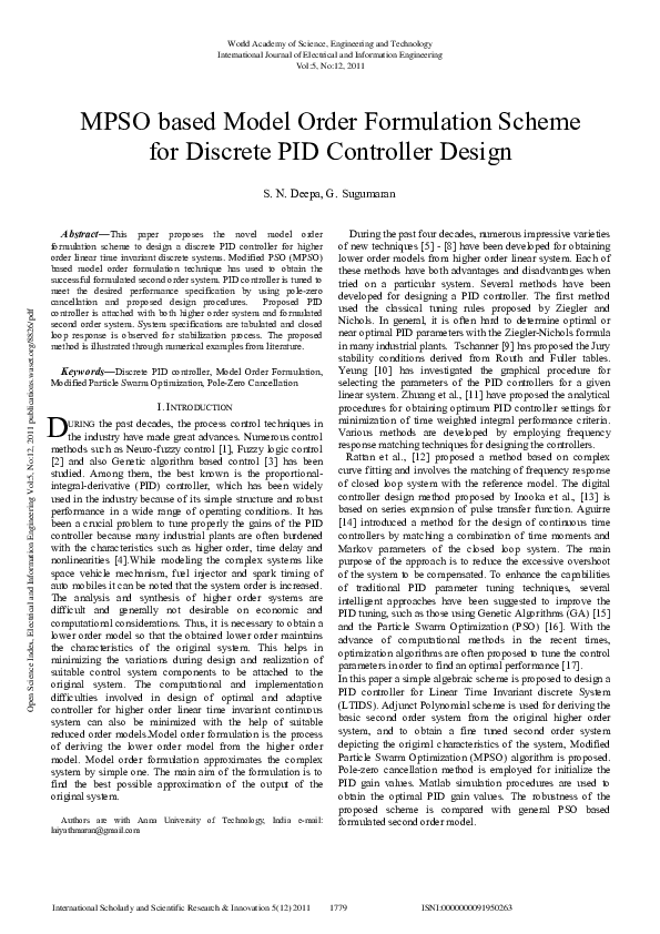 Pdf Mpso Based Model Order Formulation Scheme For Discrete Pid Controller Design G Sugumaran