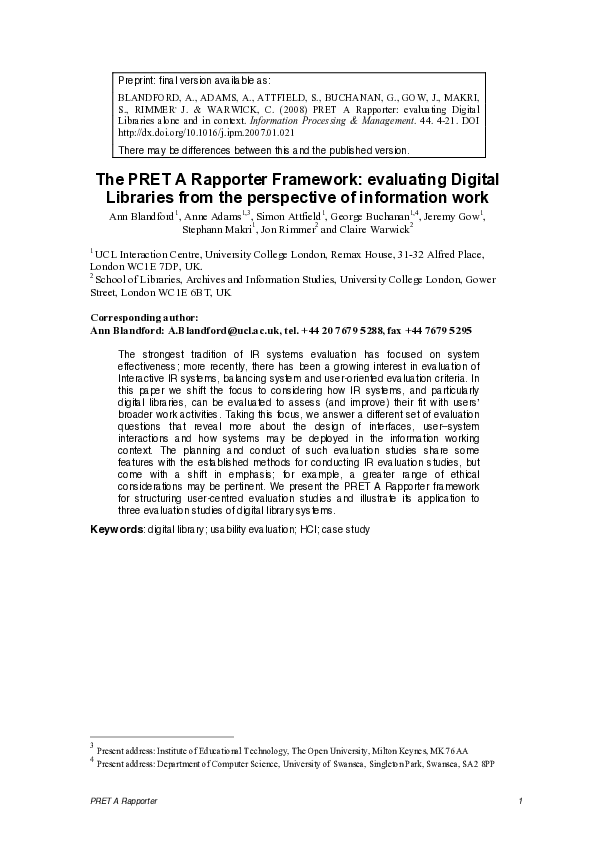 (PDF) The PRET A Rapporter framework: Evaluating digital libraries from ...