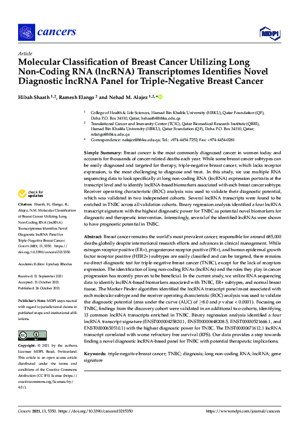 (PDF) Molecular Classification of Breast Cancer Utilizing Long Non-Coding RNA (lncRNA ...