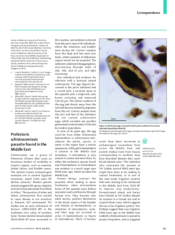 (PDF) Prehistoric schistosomiasis parasite found in the Middle East