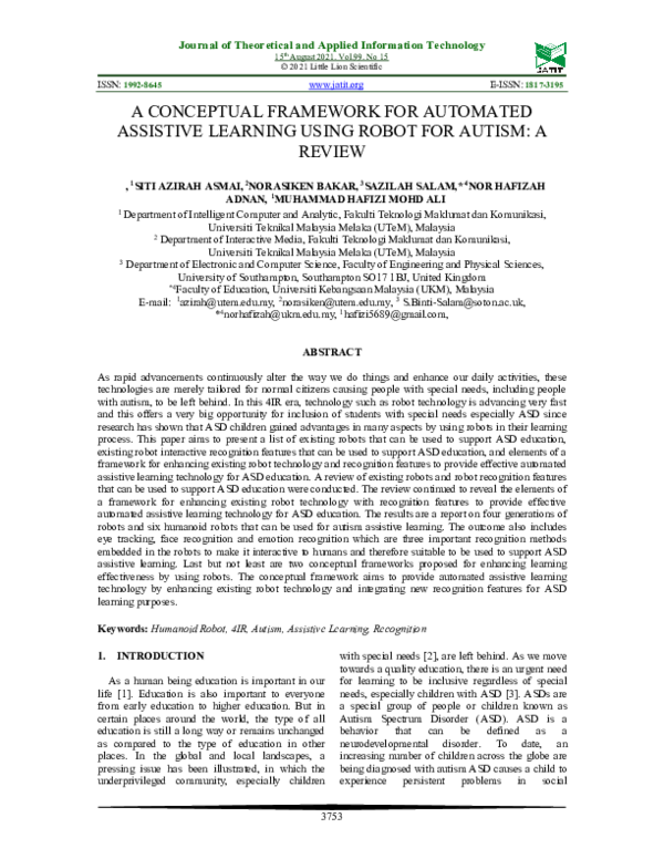 Pdf A Conceptual Framework For Automated Assistive Learning Using Robot For Autism A Review