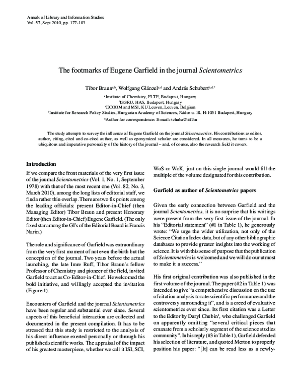 (PDF) The footmarks of Eugene Garfield in the journal Scientometrics