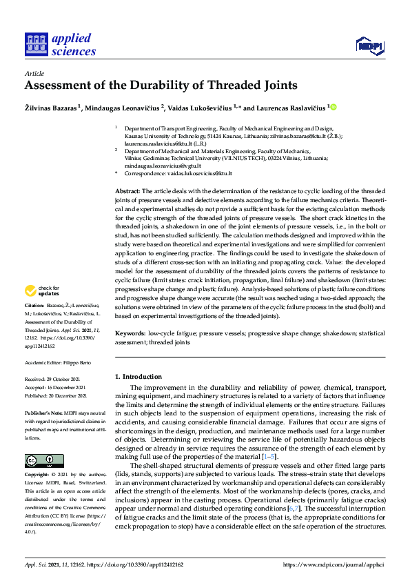 (PDF) Assessment of the Durability of Threaded Joints