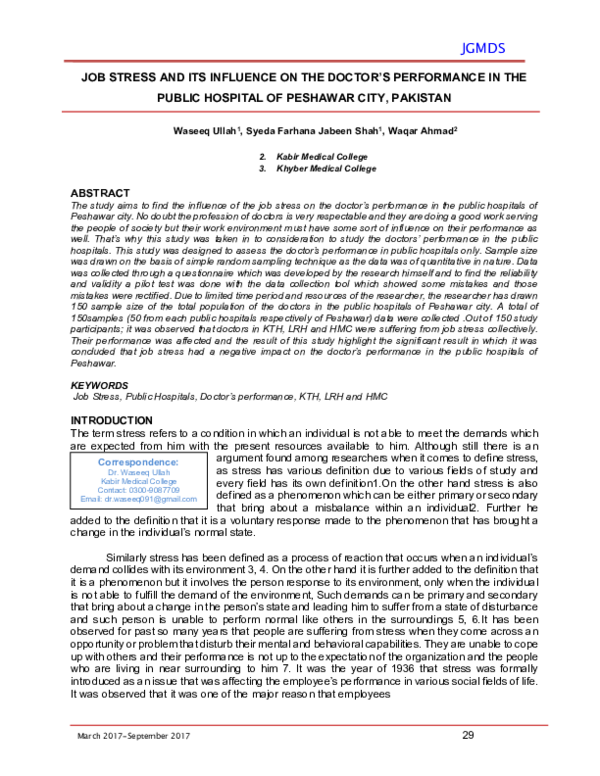 (PDF) Job Stress and its Influence on the Doctor’s Performance in the ...