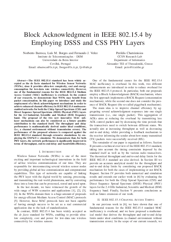 (PDF) Block acknowledgment in IEEE 802.15.4 by employing DSSS and CSS PHY layers
