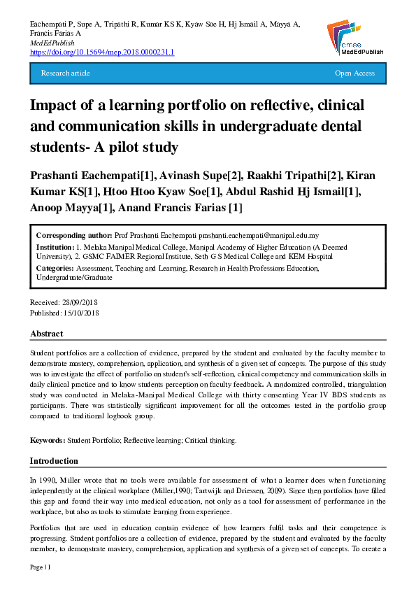 (PDF) Impact of a learning portfolio on reflective, clinical and communication skills in ...