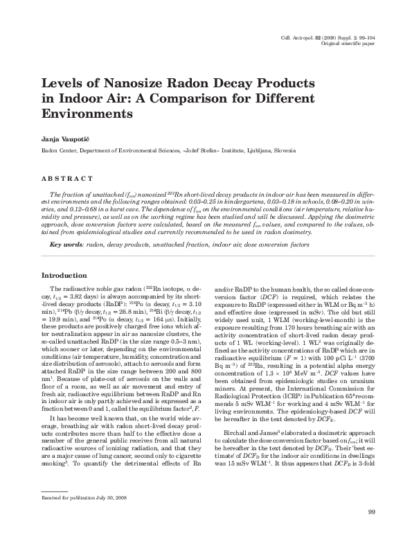 (PDF) Levels of nanosize radon decay products in indoor air: a ...