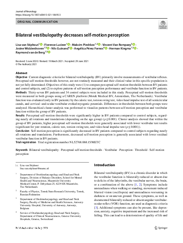 (PDF) Bilateral vestibulopathy decreases self-motion perception