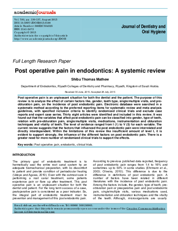 (PDF) Post operative pain in endodontics: A systemic review