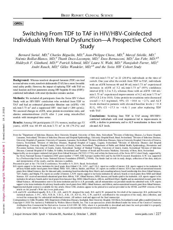 (PDF) Brief Report: Switching From TDF to TAF in HIV/HBV-Coinfected ...