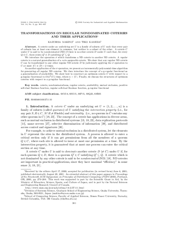 (PDF) Transformations on Regular Nondominated Coteries and Their ...