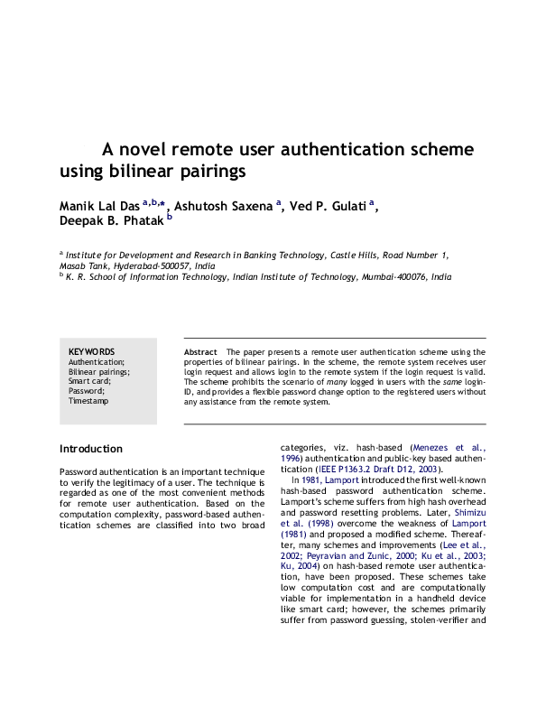 Pdf A Novel Remote User Authentication Scheme Using Bilinear Pairings Vp Gulati