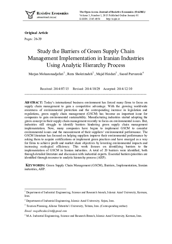 (PDF) Study the Barriers of Green Supply Chain Management Implementation in Iranian Industries ...