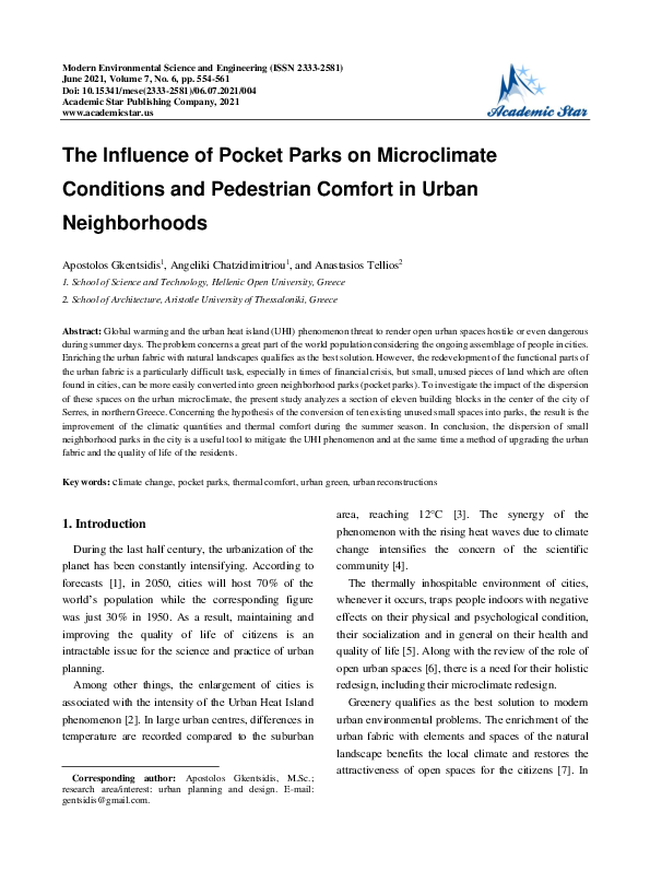 (PDF) The Influence of Pocket Parks on Microclimate Conditions and ...