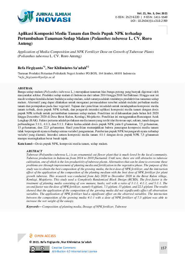 (PDF) Aplikasi Komposisi Media Tanam dan Dosis Pupuk NPK terhadap Pertumbuhan Tanaman Sedap ...