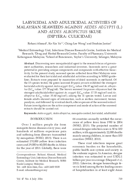 (PDF) Larvicidal and adulticidal activities of malaysian seaweeds against Aedes Aegypti (L.) and ...
