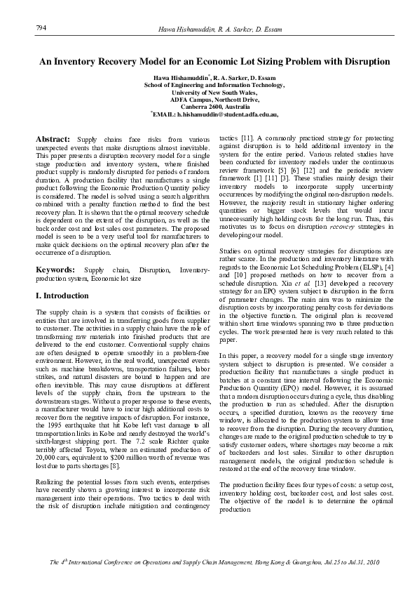 (PDF) An Inventory Recovery Model for an Economic Lot Sizing Problem with Disruption
