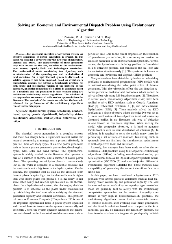 (PDF) Solving an economic and environmental dispatch problem using evolutionary algorithm