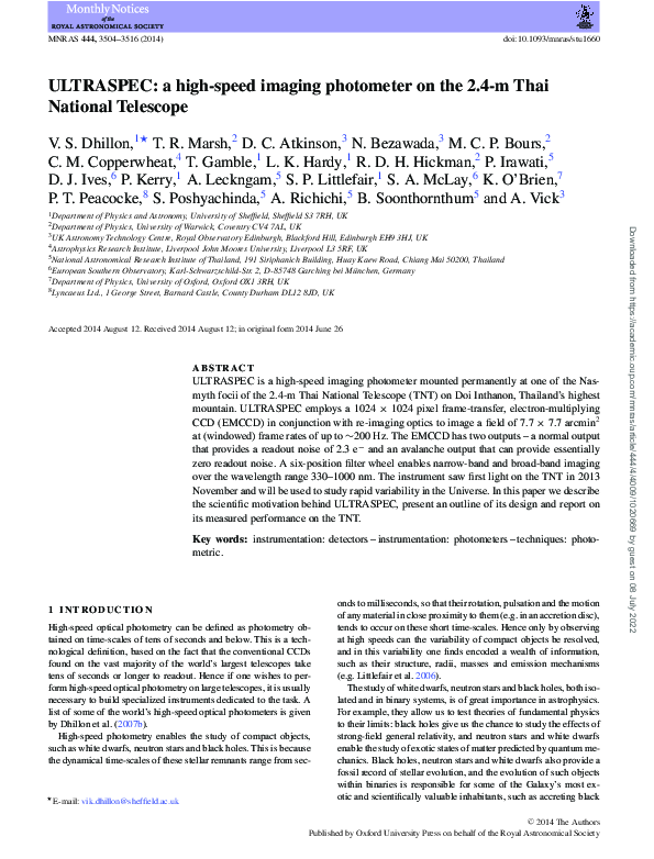 (PDF) ULTRASPEC: a high-speed imaging photometer on the 2.4-m Thai National Telescope