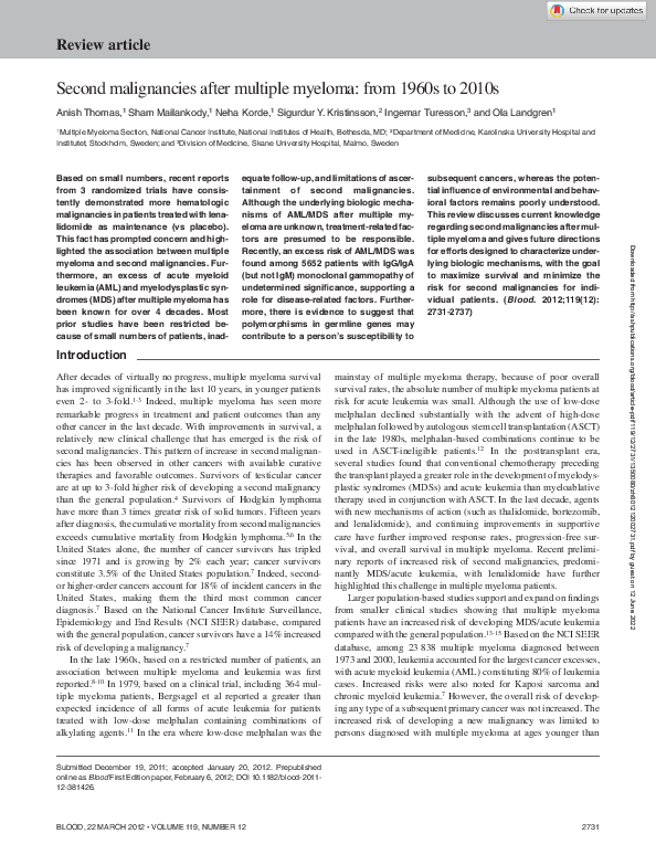 (PDF) Second malignancies after multiple myeloma: from 1960s to 2010s