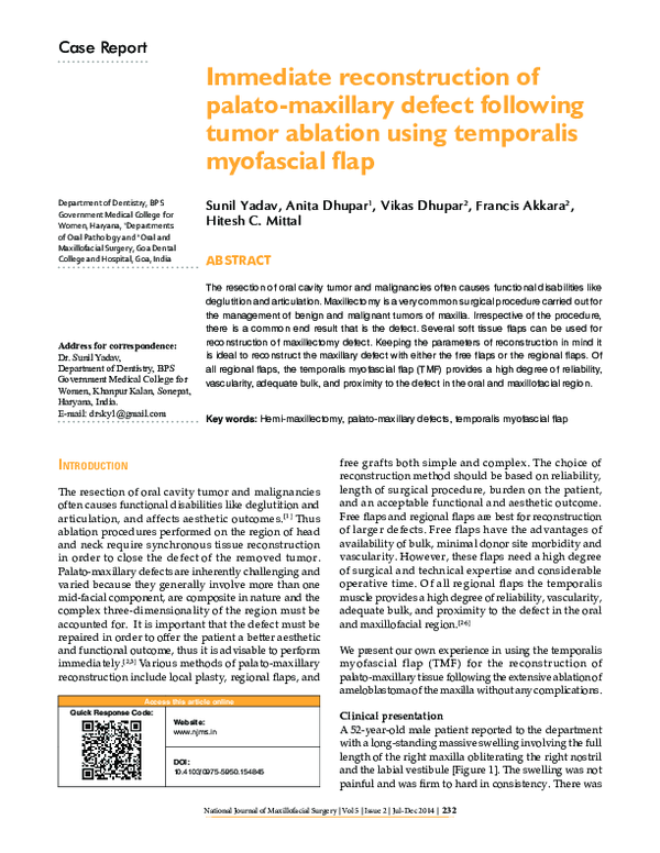(PDF) Immediate reconstruction of palato-maxillary defect following ...