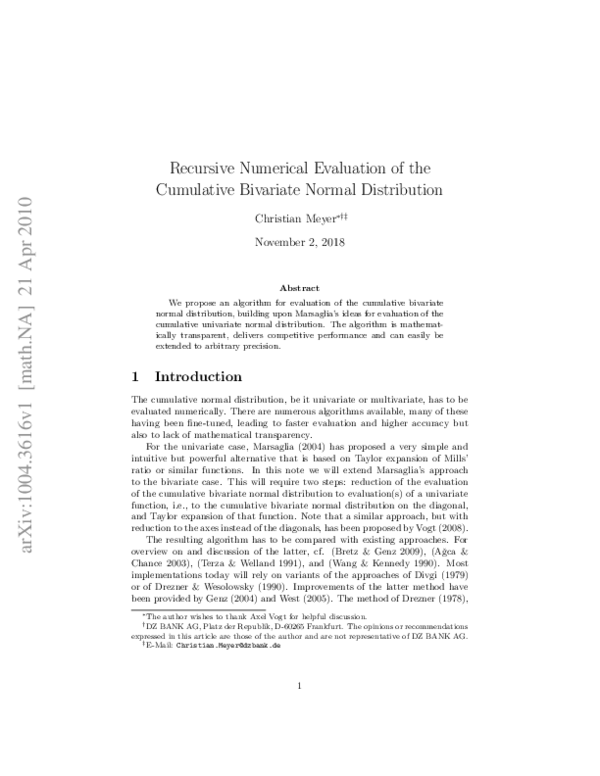 (PDF) Recursive Numerical Evaluation of the Cumulative Bivariate Normal Distribution