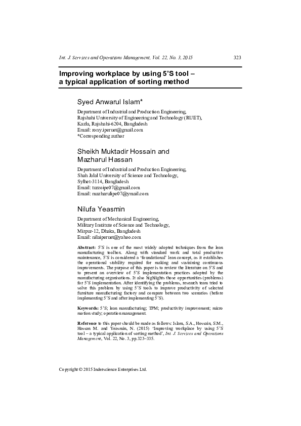 (PDF) Improving workplace by using 5'S tool - a typical application of ...